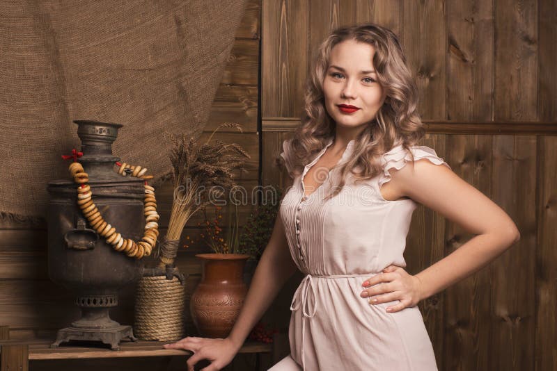 Beautiful Woman on the Background of the Rural Interior Stock Image ...
