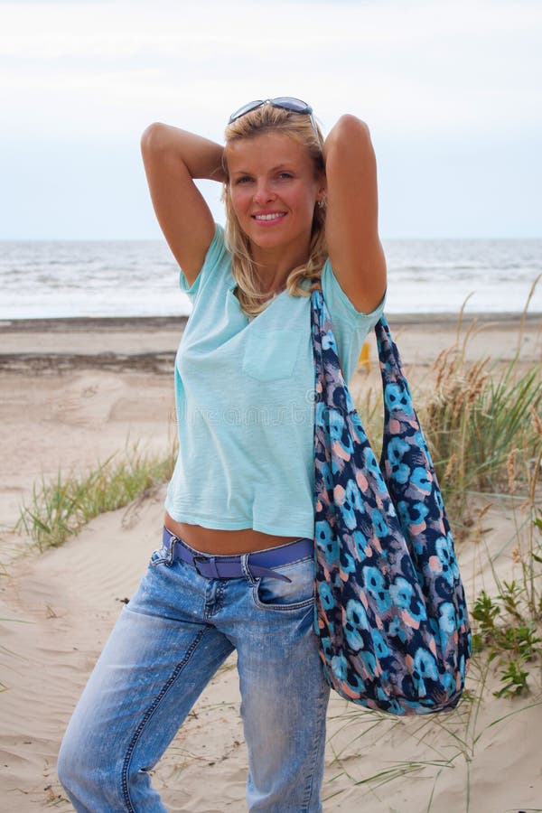Beautiful Woman on Beach Casual Clothes Stock Image - Image of dress ...
