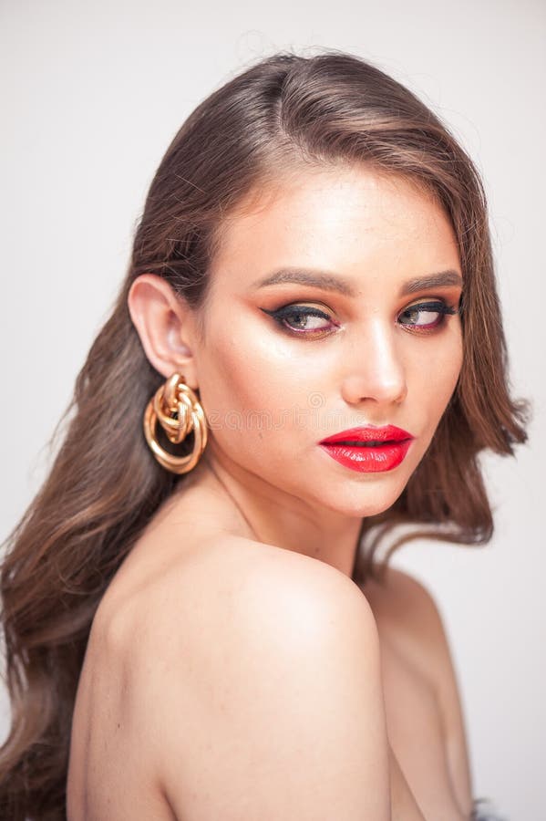 Beautiful Woman With Beauty Makeup On Face Red Lipstick On Lips And