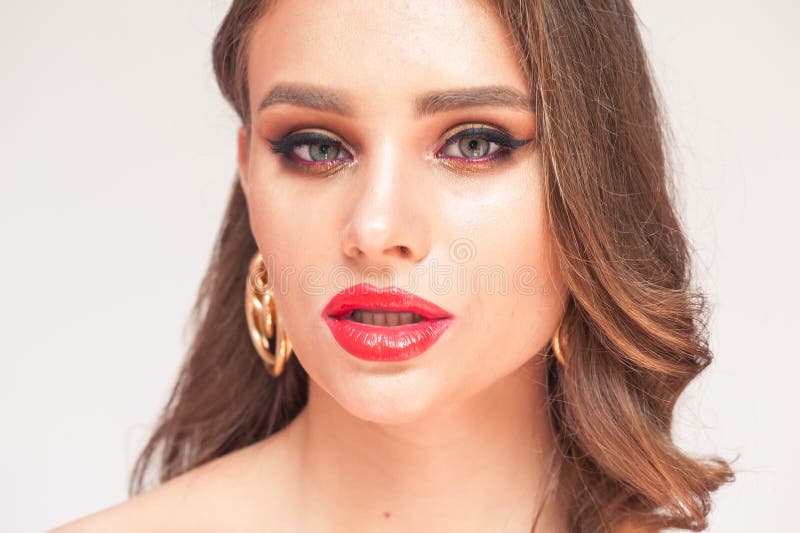 Beautiful Woman With Beauty Makeup On Face Red Lipstick On Lips And