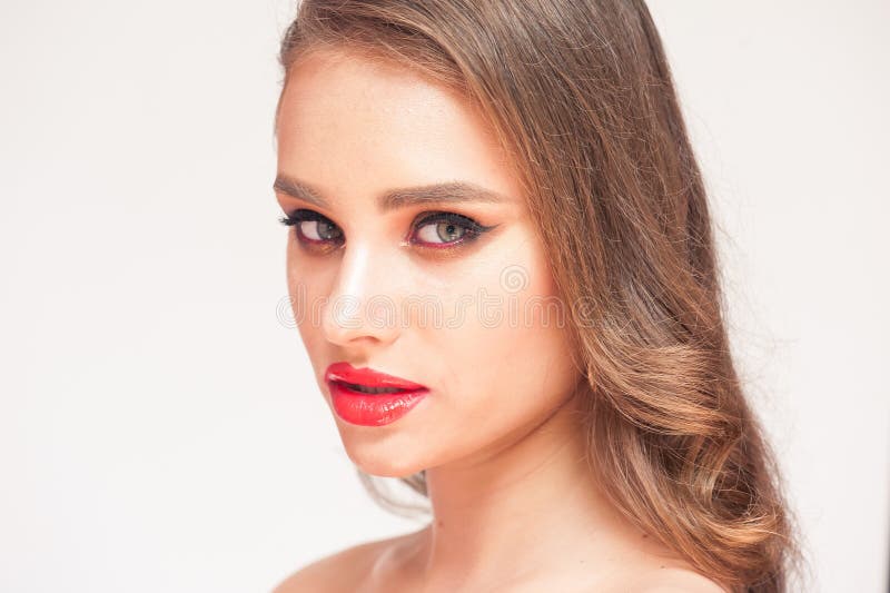 Beautiful Woman With Beauty Makeup On Face Red Lipstick On Lips And