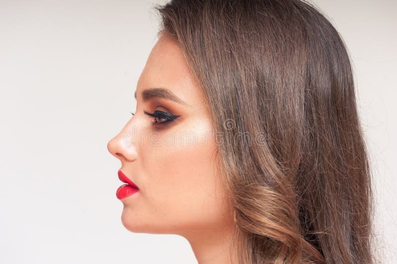 Beautiful Woman With Beauty Makeup On Face Red Lipstick On Lips And