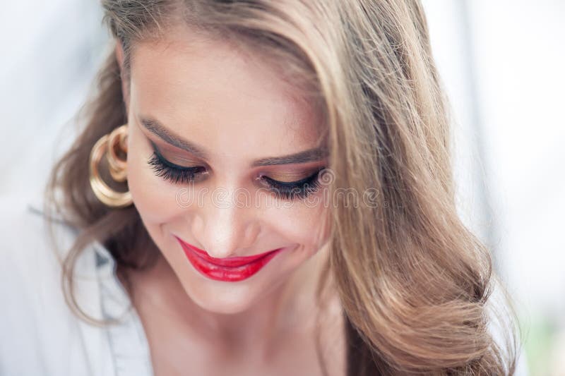 Beautiful Woman With Beauty Makeup On Face Red Lipstick On Lips And