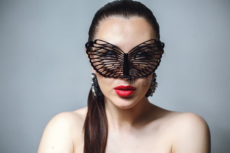Beautiful Woman With Black Lace Mask Over Her Eyes Red Lips And Nails