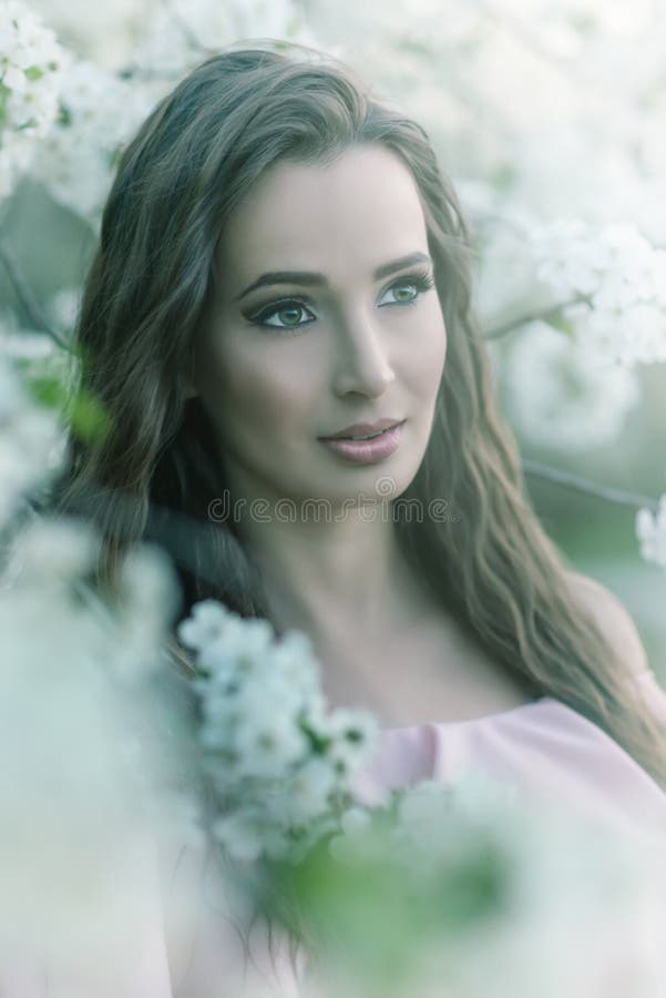 Beautiful Woman among Blossoming Trees Stock Image - Image of nature ...