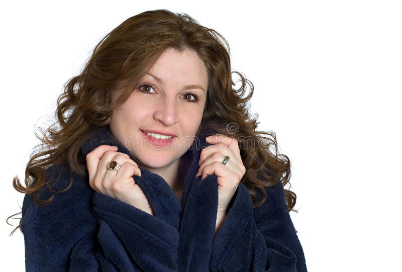 Beautiful Woman in Blue Robe on White Background Stock Photo - Image of ...