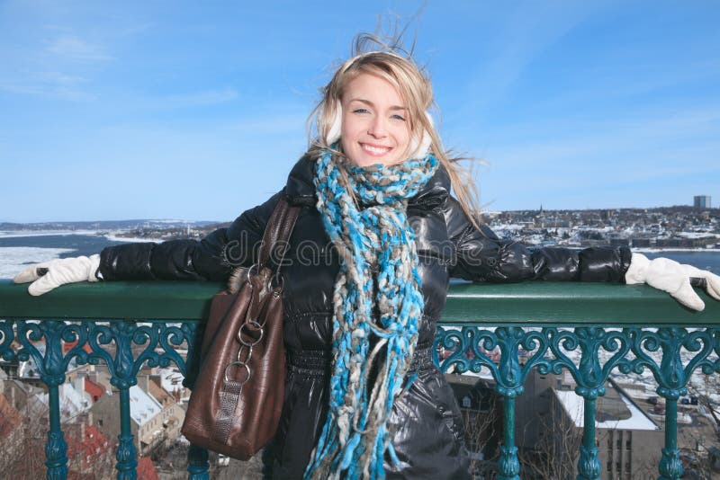 Beautiful Woman on the Blue Sky of Quebec Winter Stock Image - Image of ...