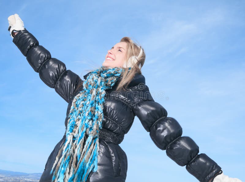 Beautiful Woman on the Blue Sky of Quebec Winter Stock Photo - Image of ...