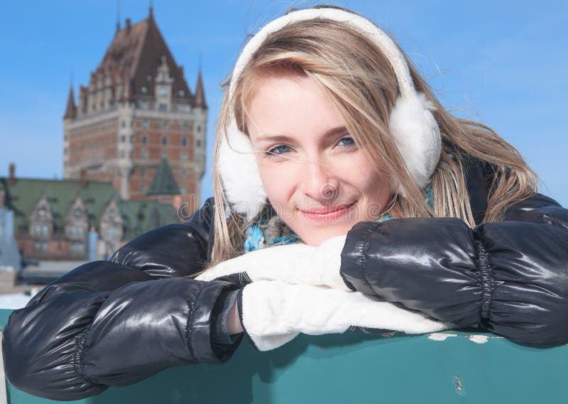 Beautiful Woman on the Blue Sky of Quebec Winter Stock Image - Image of ...