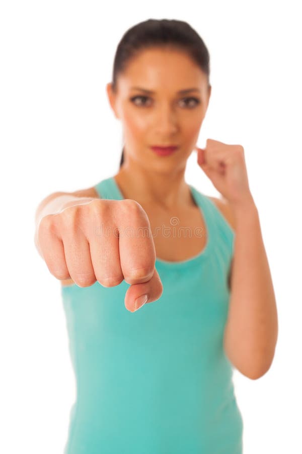 Beautiful Woman Boxing Into Copy Space Isolated Over White Background