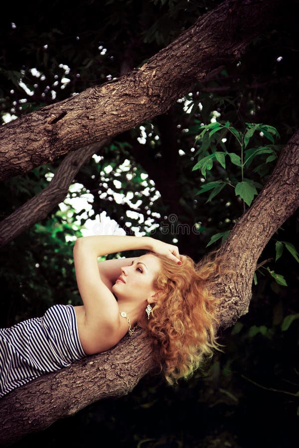 Beautiful Woman on a Branch of Tree Stock Photo - Image of girl, calm ...