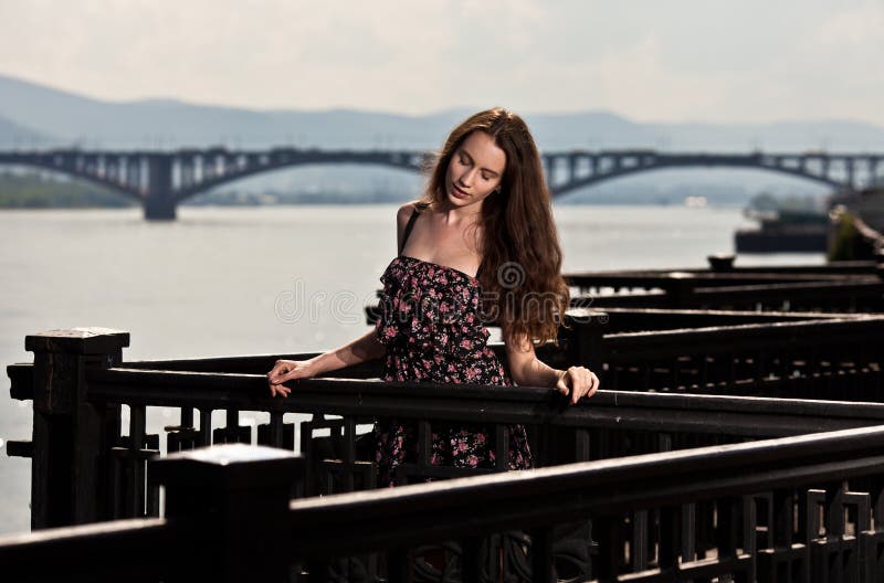Beautiful Woman with Bridge City Background Stock Image - Image of ...