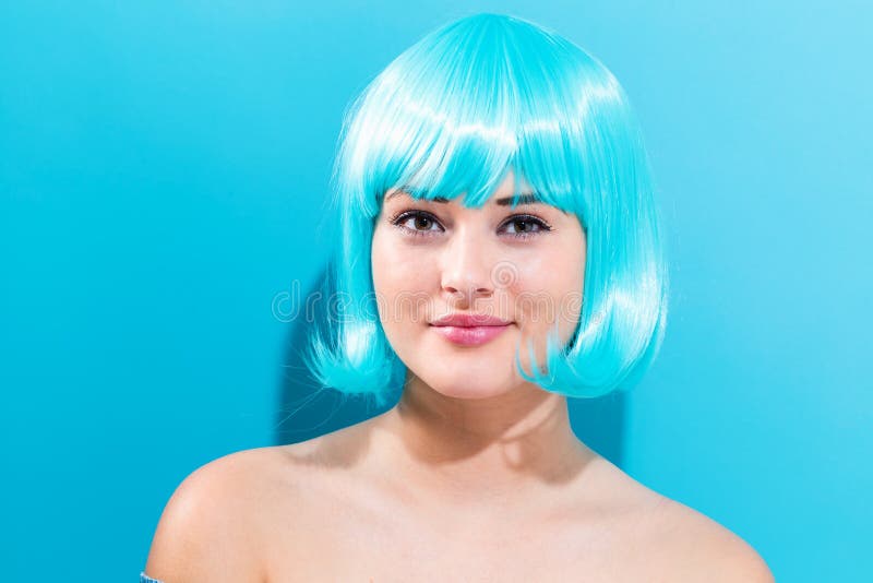 Beautiful Woman in a Bright Blue Wig Stock Photo - Image of summer ...