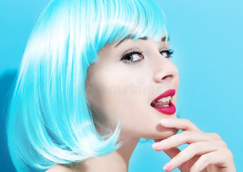 Beautiful Woman in a Bright Blue Wig Stock Photo - Image of profile ...