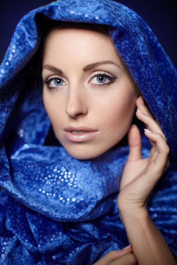 Beautiful Woman Bright Makeup in Blue Color Cloth Stock Photo - Image ...