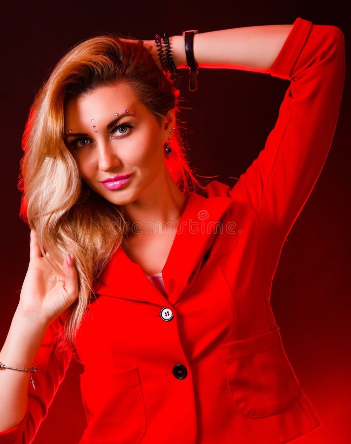 Beautiful Woman in Bright Red Lights Stock Image - Image of business ...