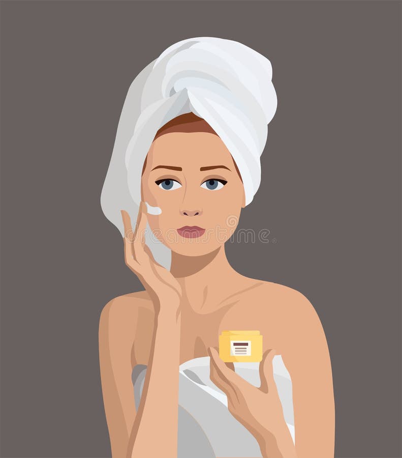 Beautiful Woman Cares For Her Facial Skin Girl Wearing A Towel Applies