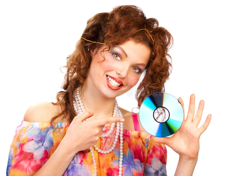 Beautiful woman and cd stock image. Image of person, white - 946879