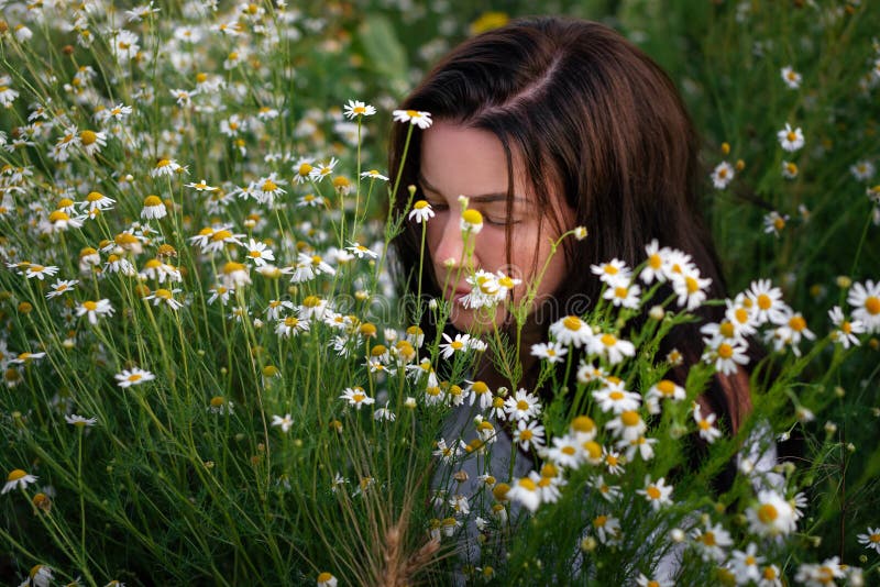 Beautiful Woman In Chamomile Field Close Up Portrait Of A Brunette