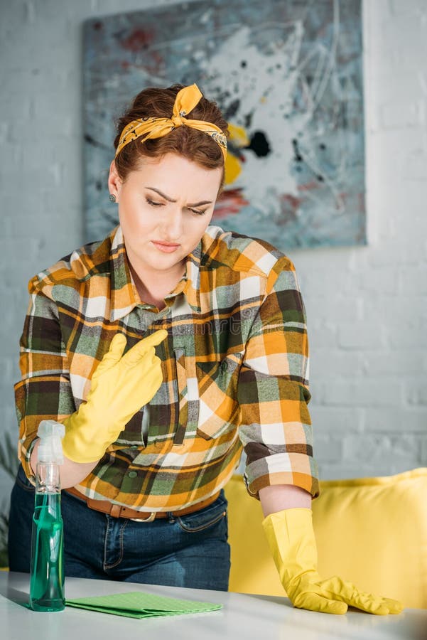 Beautiful Woman Checking Dust on Table for Cleaning Stock Photo - Image ...