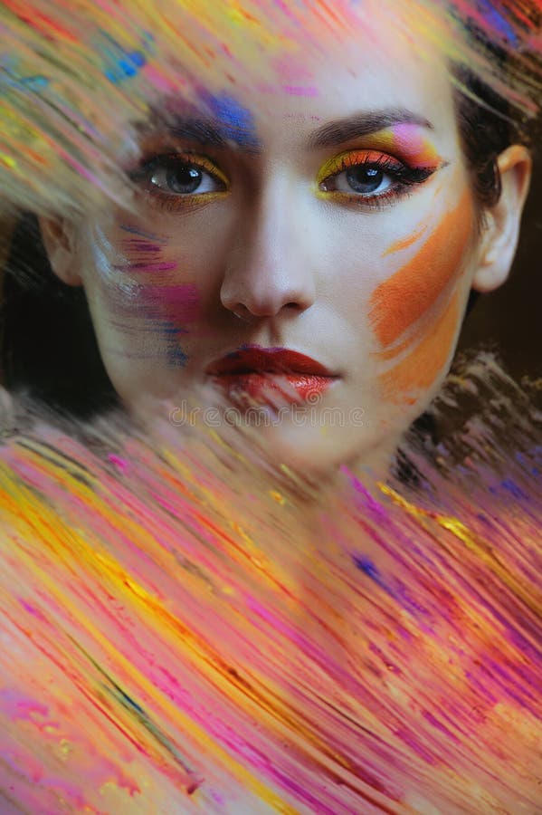 Beautiful Woman in Color Paint Stock Image - Image of makeup, skin ...