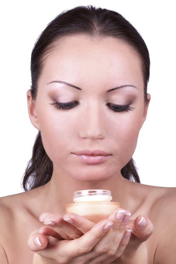 Beautiful Woman with Cream on Hands Stock Photo - Image of lotion ...