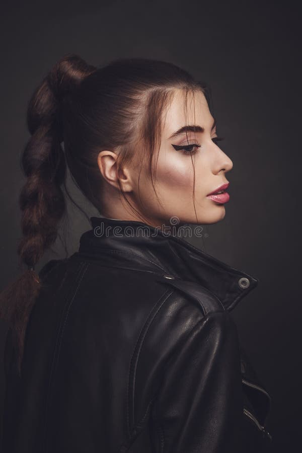 Beautiful Woman with Creative Hairstyle in Leather Jacket Stock Photo ...