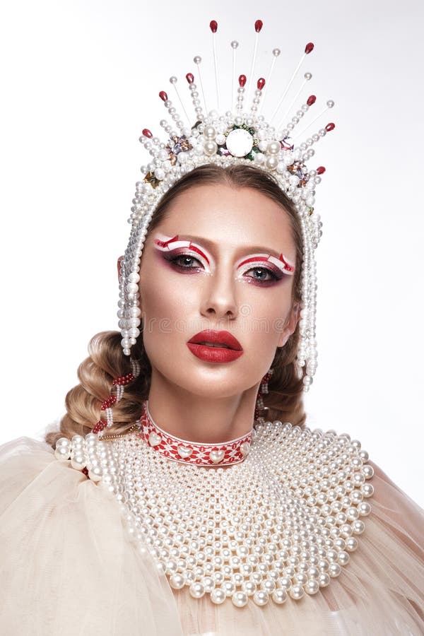 Beautiful Woman in a Creative Style with Bright Makeup and White ...