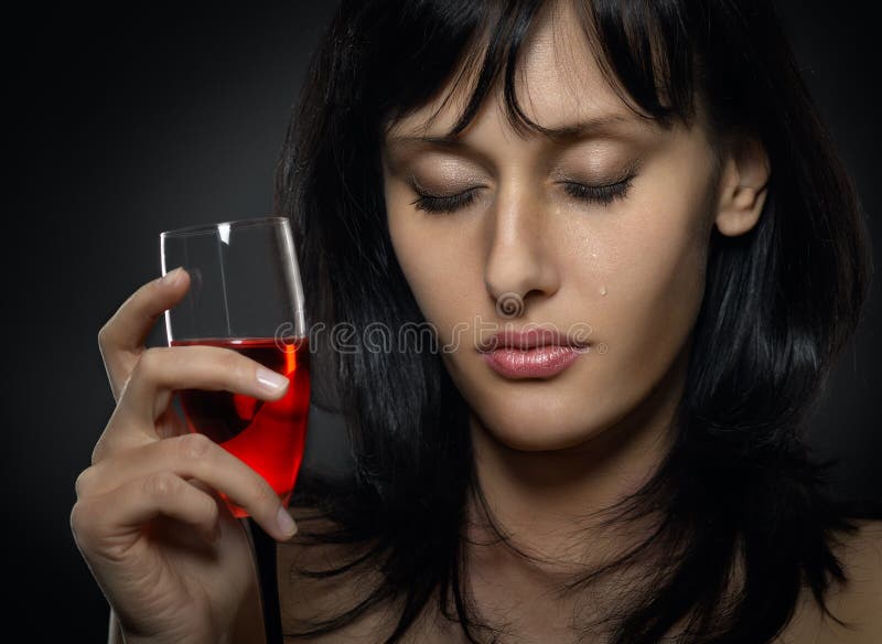 Beautiful Woman Crying with a Glass of Red Wine Stock Photo - Image of ...