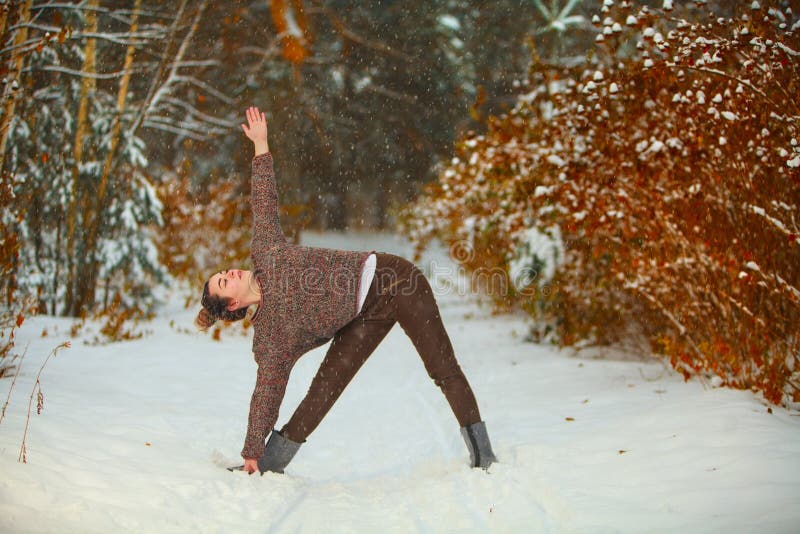 Beautiful Woman Doing Yoga Outdoors in Snow Stock Image - Image of ...