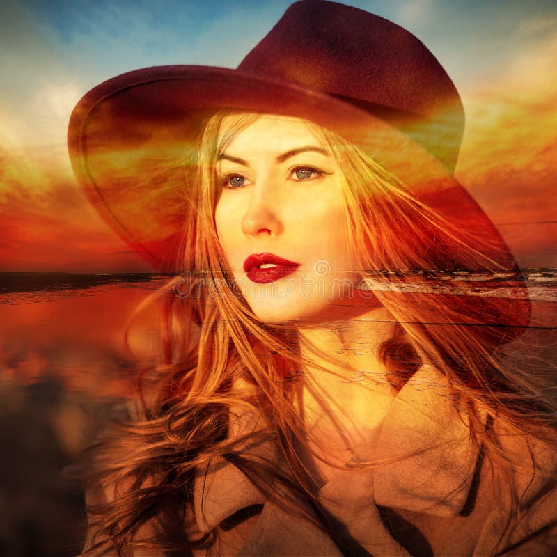 Beautiful Woman Dreamer Beach Sunset Time Double Exposure Stock Photos ...