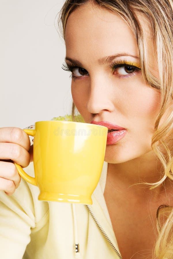 Beautiful Woman Drinking Tea Stock Image - Image of background, hair ...