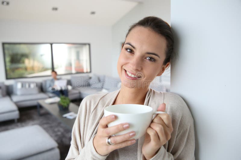 Beautiful Woman Drinking Tea at Home Stock Image - Image of comfortable ...