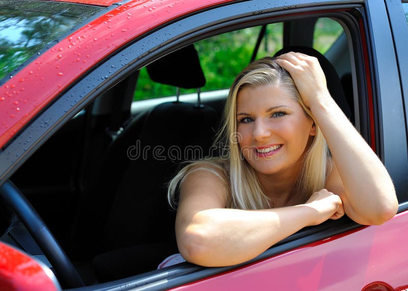 Beautiful Woman Driver in Red Shiny Car Stock Photo - Image of elegance ...