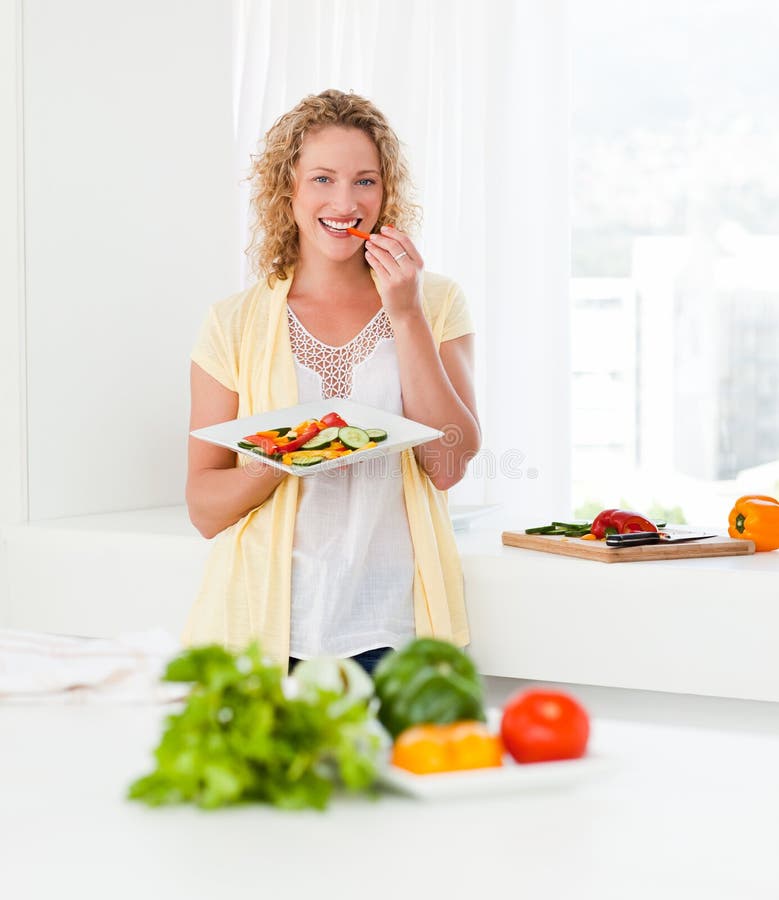 Beautiful Woman is Eating Vegetables Stock Image - Image of pretty ...