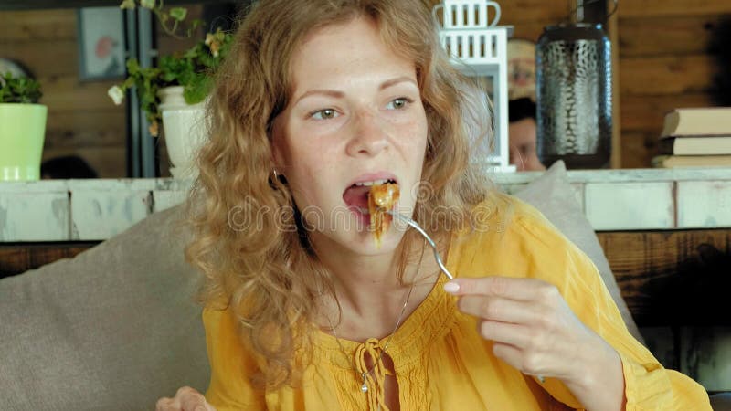 Beautiful Woman is Eating Waffles in Cafe Stock Video - Video of hungry ...