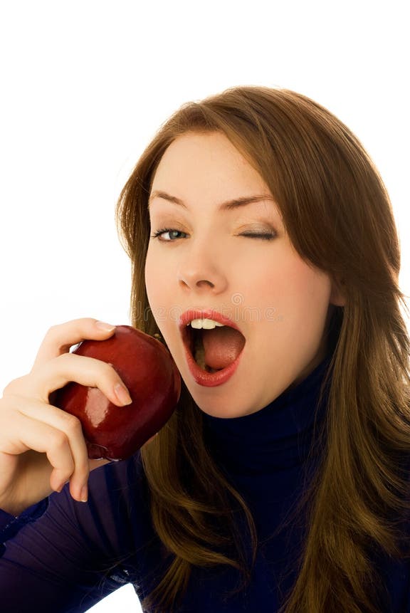 Beautiful Woman Eats and Apple and Winks Stock Image - Image of ...