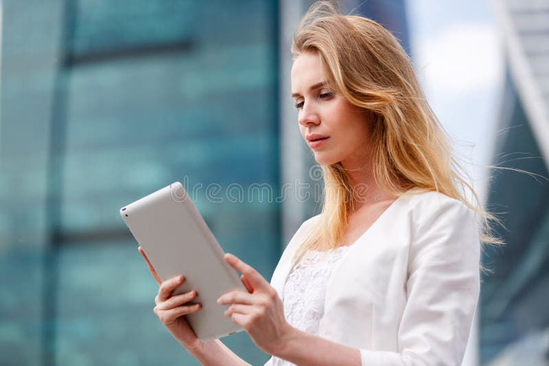 Beautiful Woman with Electronic Tab in the Street Stock Image - Image ...