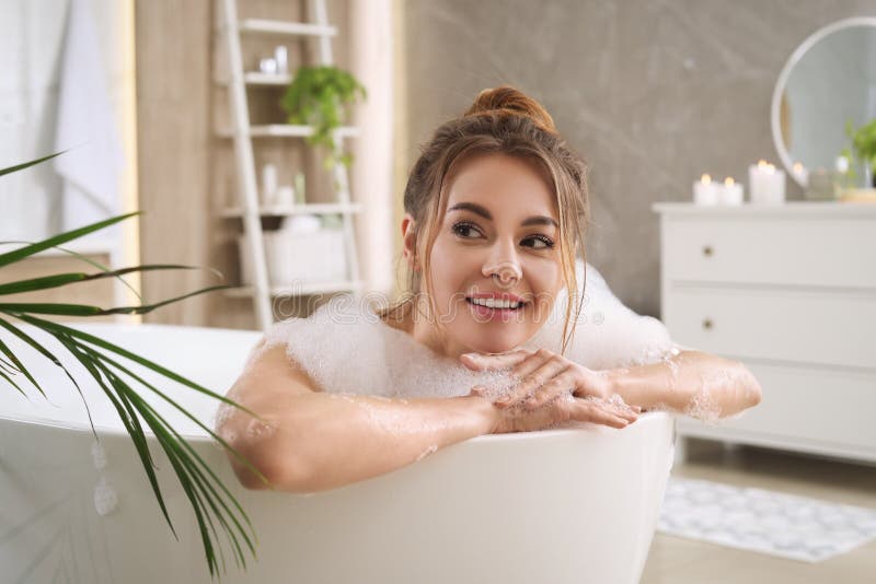 Beautiful Woman Enjoying Bubble Bath At Home Stock Image Image Of
