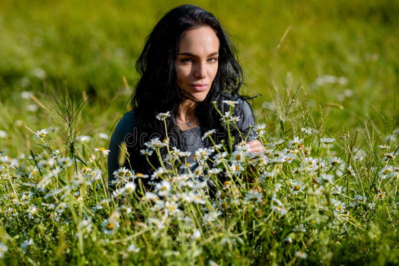 Beautiful Woman Enjoying Chamomile Daisy Field Nice Female Lying In