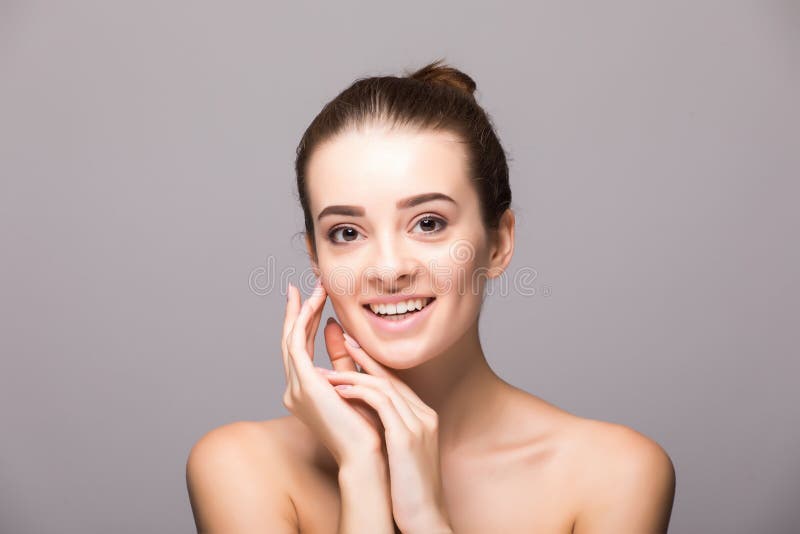 Beautiful Woman Face Close Up Hand Touching Face Studio on Gray Stock ...