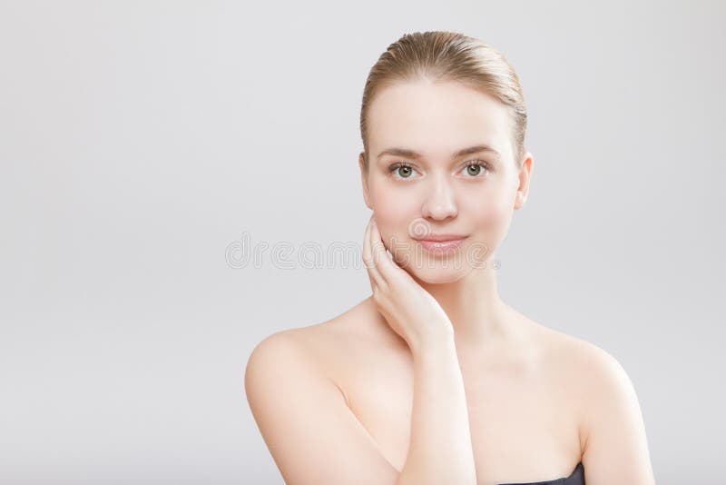 Beautiful Woman Face Close Up Studio on Grey Background Stock Image ...