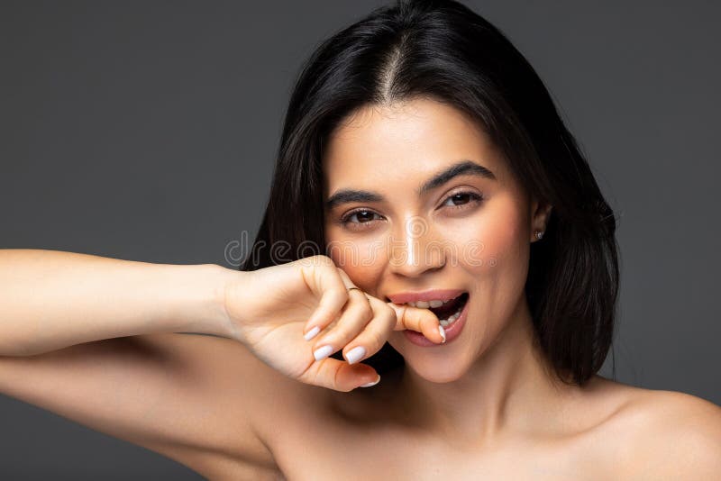 Beautiful Woman Face Close Up Studio on Dark Background Stock Image ...