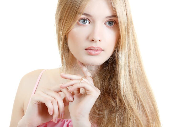 Beautiful Woman Face Closeup With Long Blond Flying Hair And Vivid Red