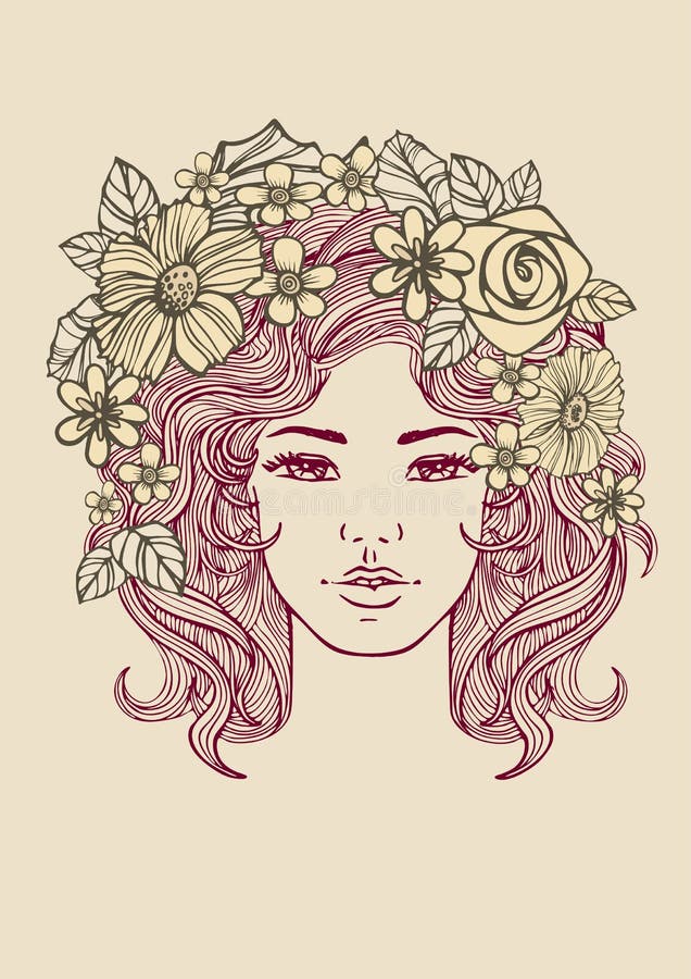 Beautiful Woman Face and Floral Pattern. Vector Doodle Flowers Stock ...
