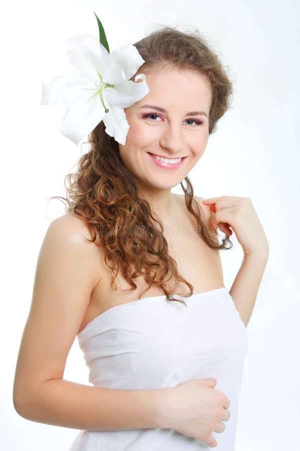Beautiful Woman with Flower Stock Image - Image of joyful, beautiful ...
