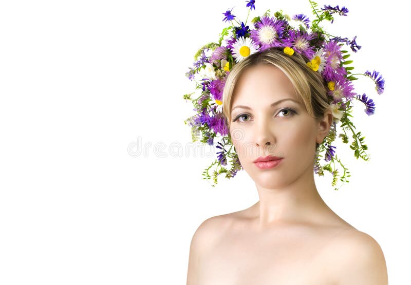 Beautiful Woman with Flower Wreath Stock Image - Image of long, season ...