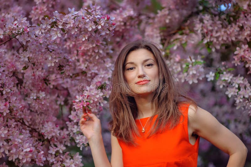Beautiful Woman in the Flowering Spring Garden Stock Image - Image of ...