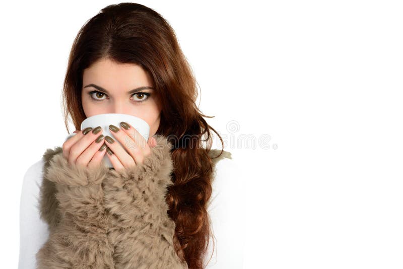 Beautiful Woman in Fur with Cup of Beverage Stock Image - Image of ...