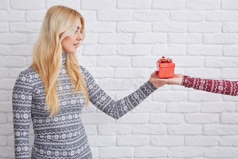 Beautiful Woman Getting Present Stock Photo - Image of jumper, looking ...